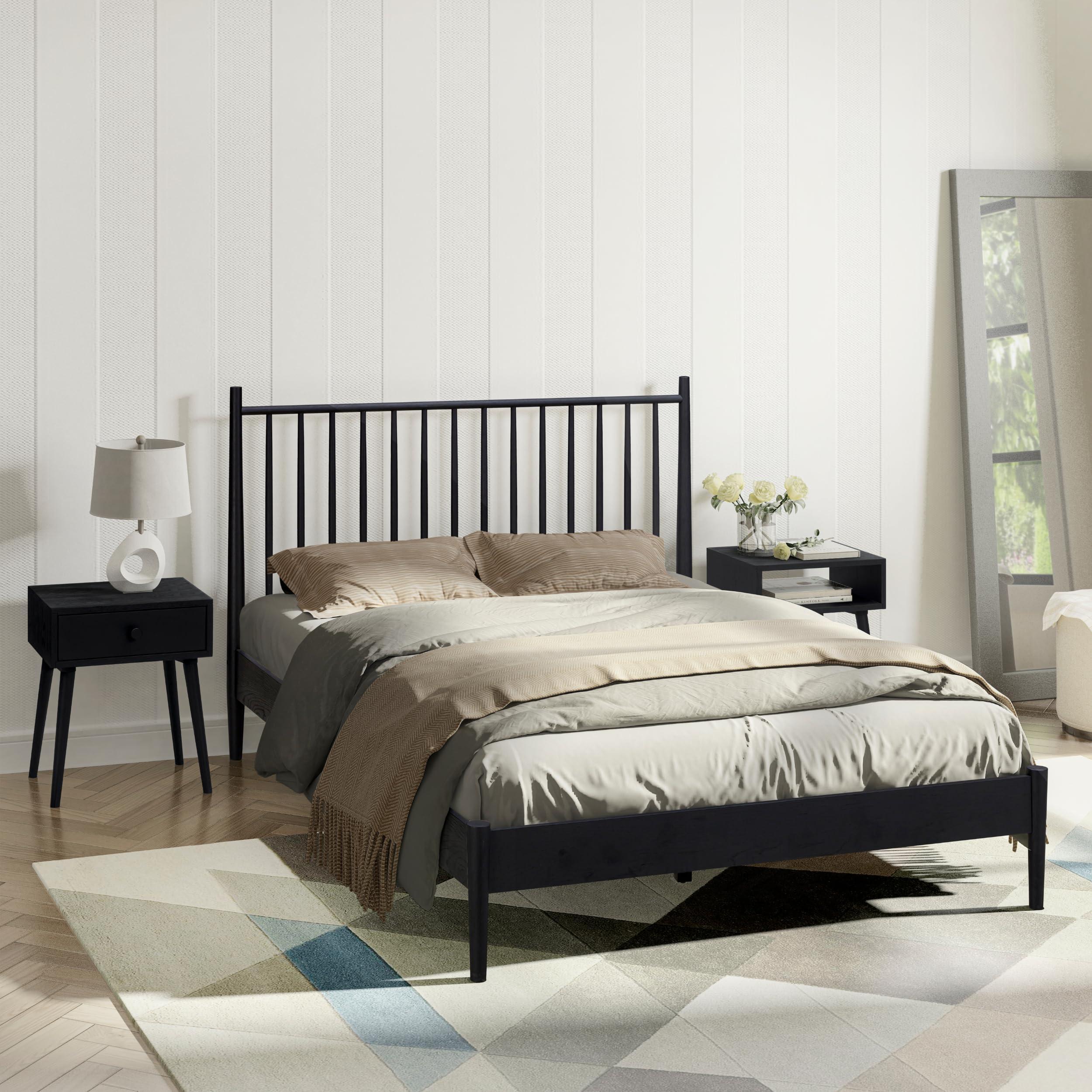 NTC Inno Wooden Bed Frame with Headboard, Solid Oak and Rubber Wood Foundation with Silent Slats and Wood Central Supports, 1000 Lb Capacity, Effortless Assembly, Queen - Burnt Black