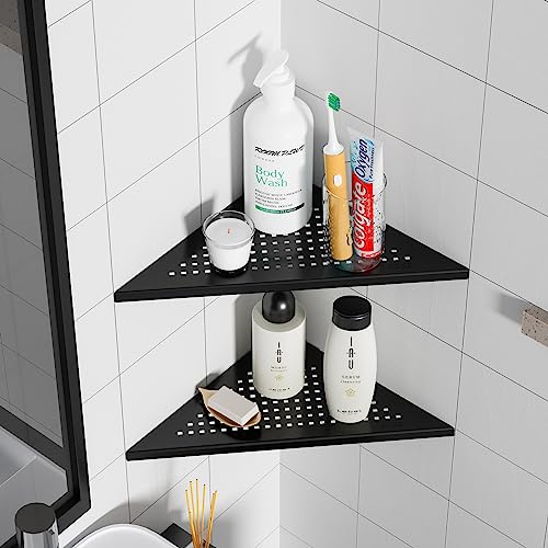 Neodrain 10 Inch Corner Matte Black Wall Shelf Set of 2, Floating Corner Shelves for Wall, 304 Stainless Steel Wall Storage Shelves for Bathroom,No Drilling
