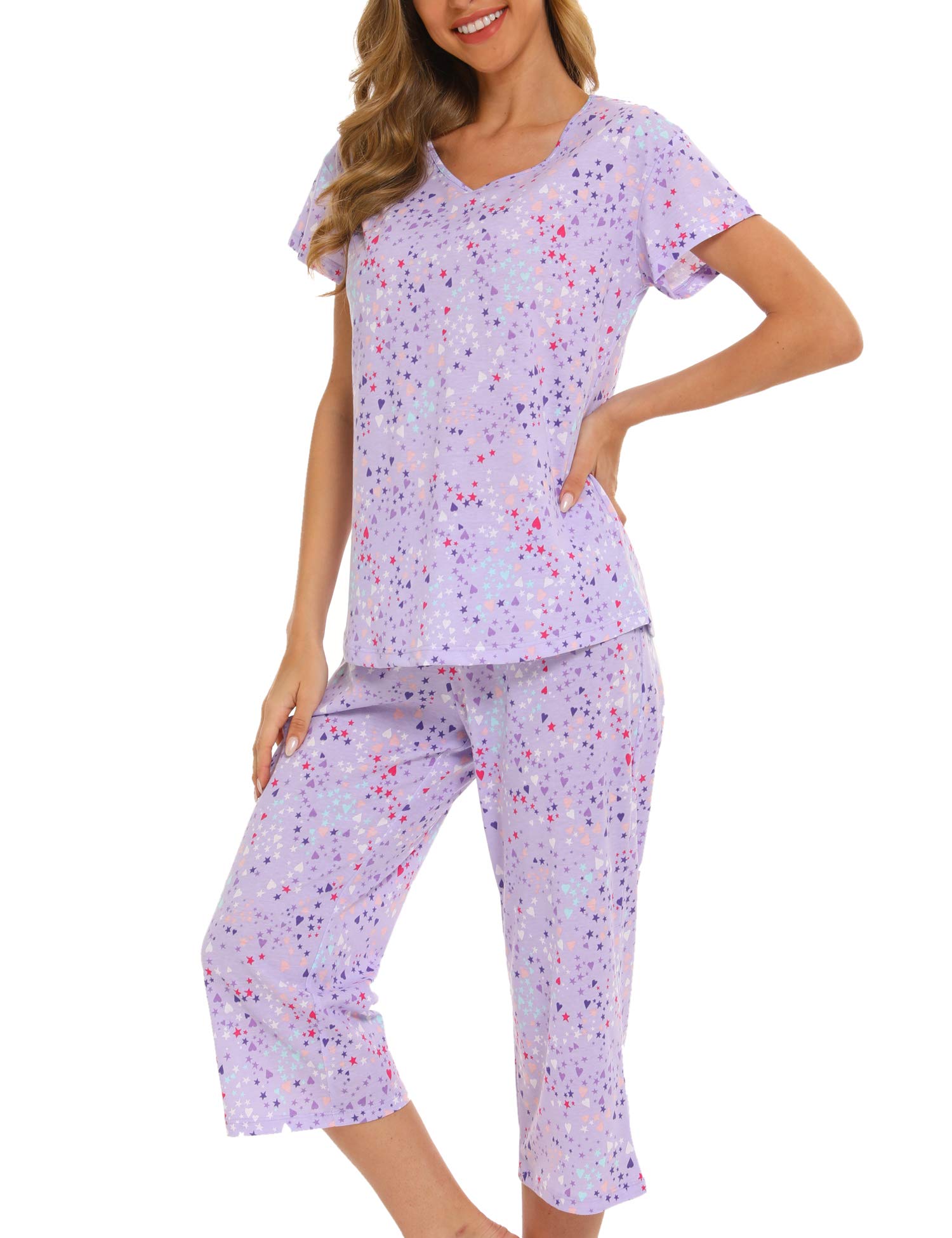 ENJOYNIGHT Women's Pajama Sets Cotton Sleepwear Tops with Capri Pants Summer Pjs (PU, X-Large)