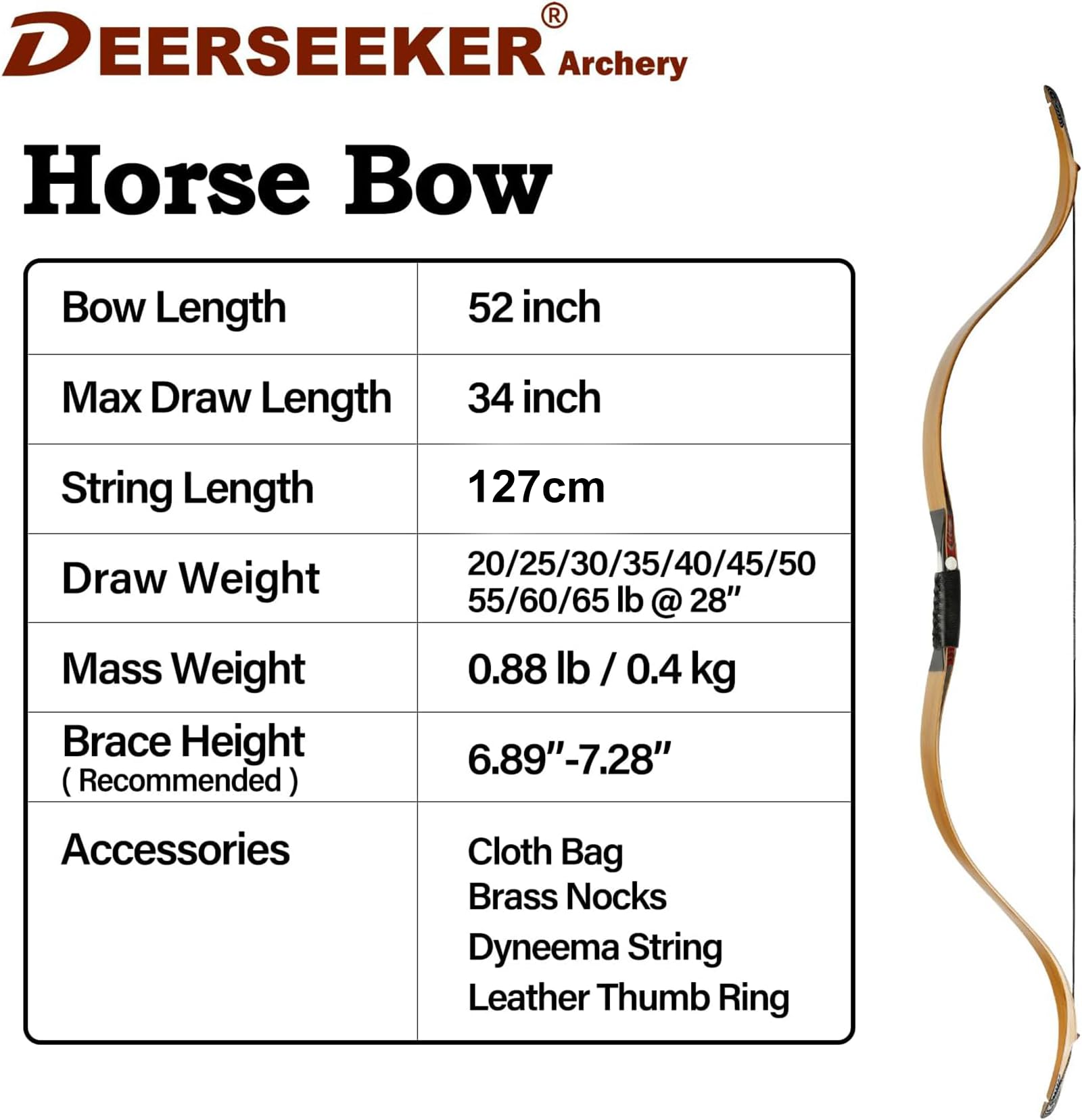 Deerseeker Archery 52" Longbow Traditional Handmade Recurve Bows Ambidextrous Horsebows for Adults & Youth Hunting Target Shooting (horsebow Set 55lbs)