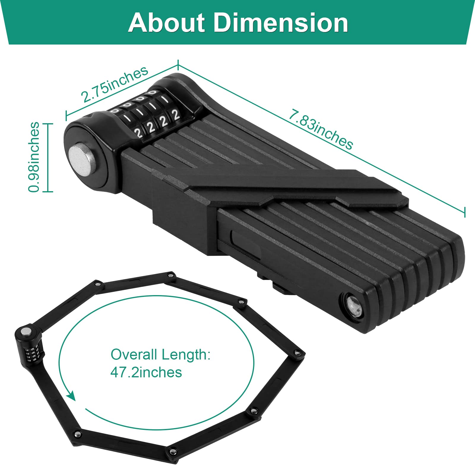 Dreamoon Folding Bike Lock, Compact 8 Joints Bicycle Lock Combination, Heavy Duty Alloy Steel Foldable Chain Lock, with 4-Digit Resettable Combination Password, for ebike Bike Scooter