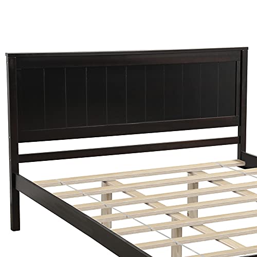 KoiHome Queen Wood Platform Bed Frame with Headboard, Modern Bed Frame with Solid Wood Slat and Support Legs for Bedroom, Simple and Classic Design, No Box Spring Need, Espresso (Queen)