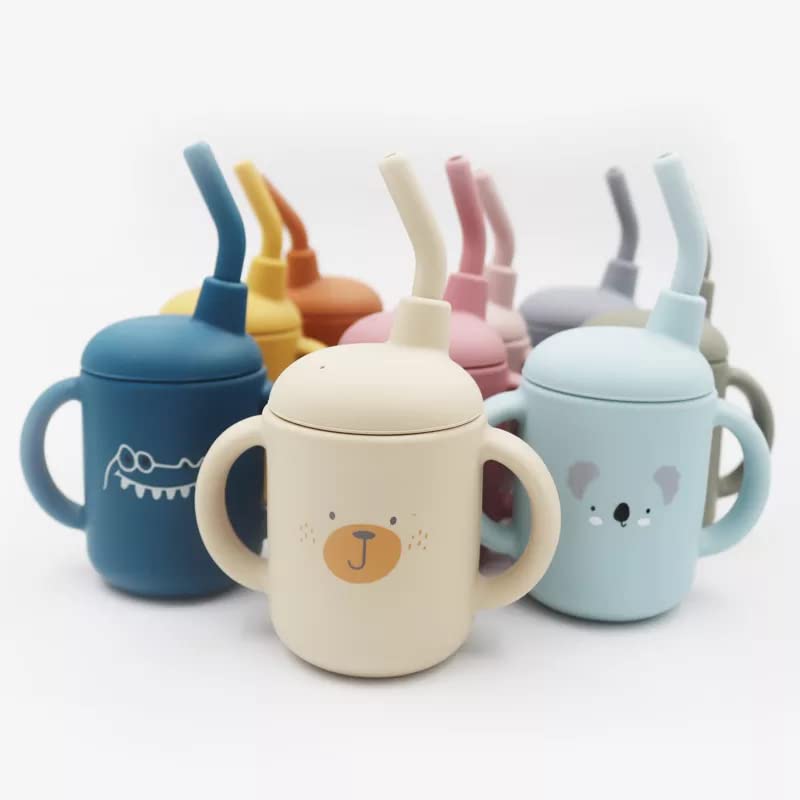 KIDSco. Silicone Baby Cup with Straw - Sippy Cup for 1 Year Old - Unbreakable Toddler Cups Spill proof - 100% Silicone Training Cup for Infants+toddlers - Sippy Cup with Handles (Bear)