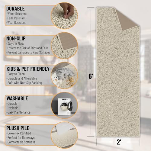 Ottomanson Indoor Solid Shag Design Rubber Back 2x6 Soft Pile Shag Runner Rug for Hallway, Entryway, Kitchen, Living Room, Bedroom, Bathroom, 2' x 6', Cream