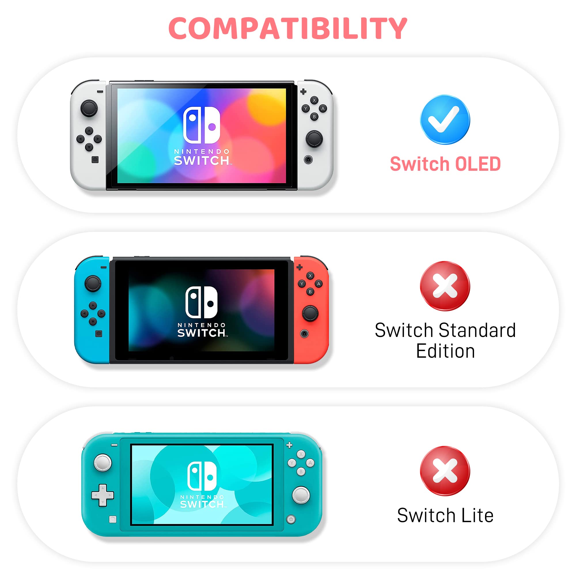 FANPL Pink Protective Case for Nintendo Switch OLED, Cute PC Case Cover Compatible with Switch OLED, Kawaii Skin Accessories for Girls with Thumb Caps and Screen Protector - Pink Strawberry Pattern