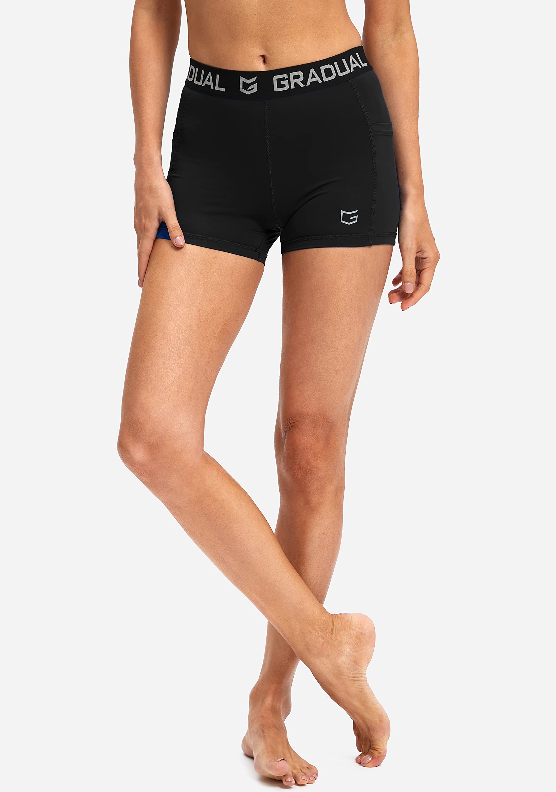 G Gradual Women's Spandex Compression Volleyball Shorts 3" /7" Workout Pro Shorts for Women (Black/Navy/Charcoal Pockets, Medium)