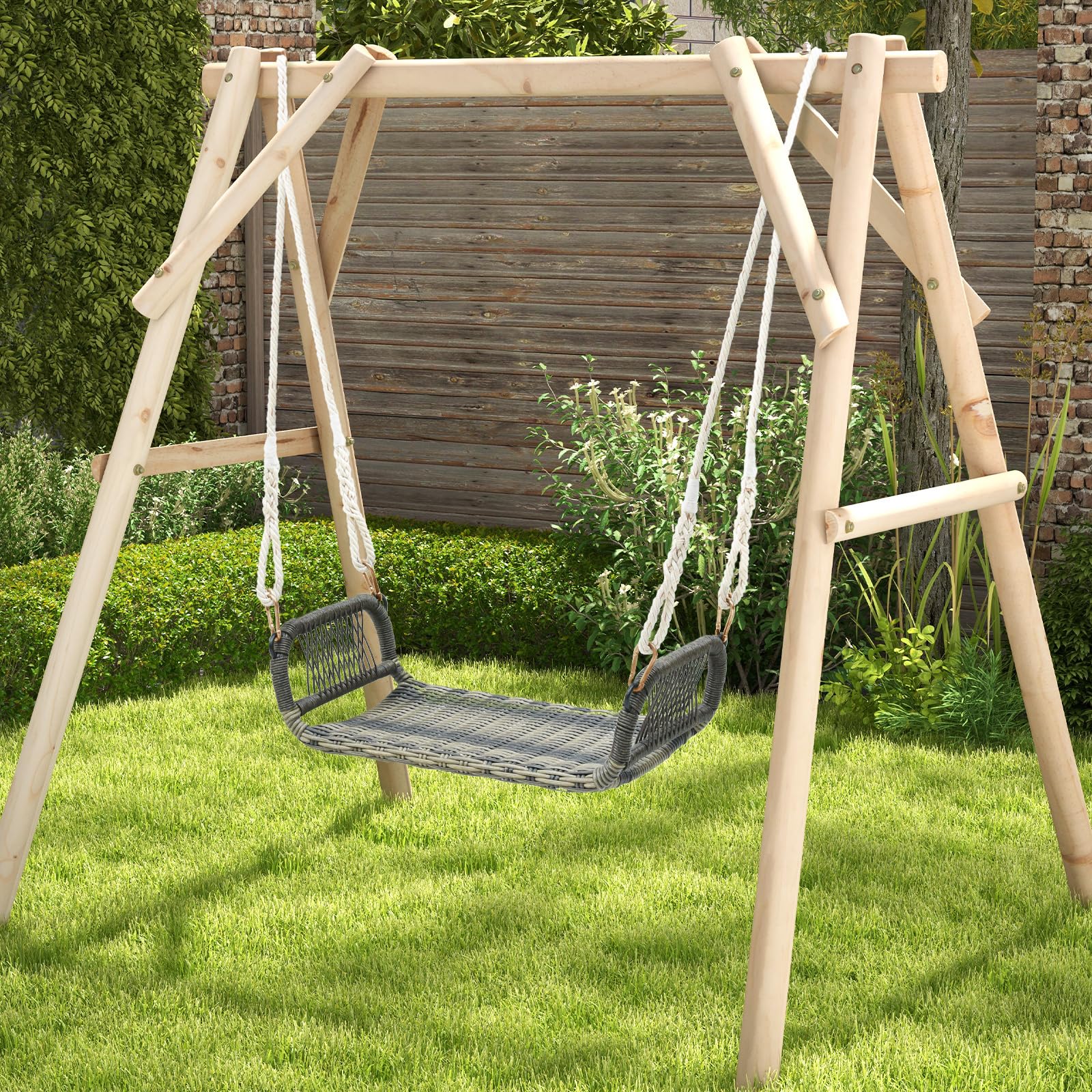 HAPPYGRILL Wicker Porch Swing, Curved Rattan Swing Seat with Cozy Armrests, Patio Wicker Tree Swing with 2 Hanging Hemp Ropes, Outdoor Swing Chair for Front Porch Backyard