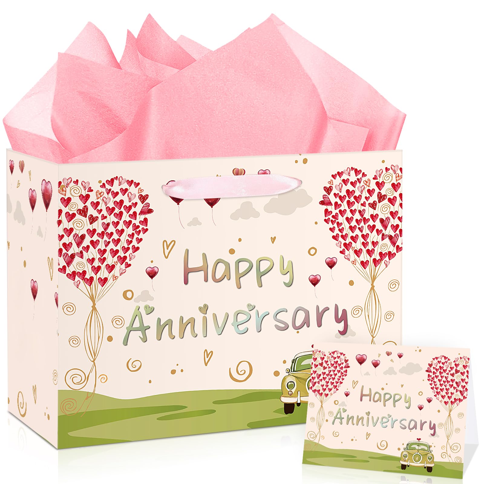 RUMIA Anniversary Party Gift Bag Wedding Anniversary Wrapping Paper Bag with Tissue Paper Greeting Card Happy Anniversary Party Gift Wrap for Women Wife Christmas Wedding Anniversary Party Supplies