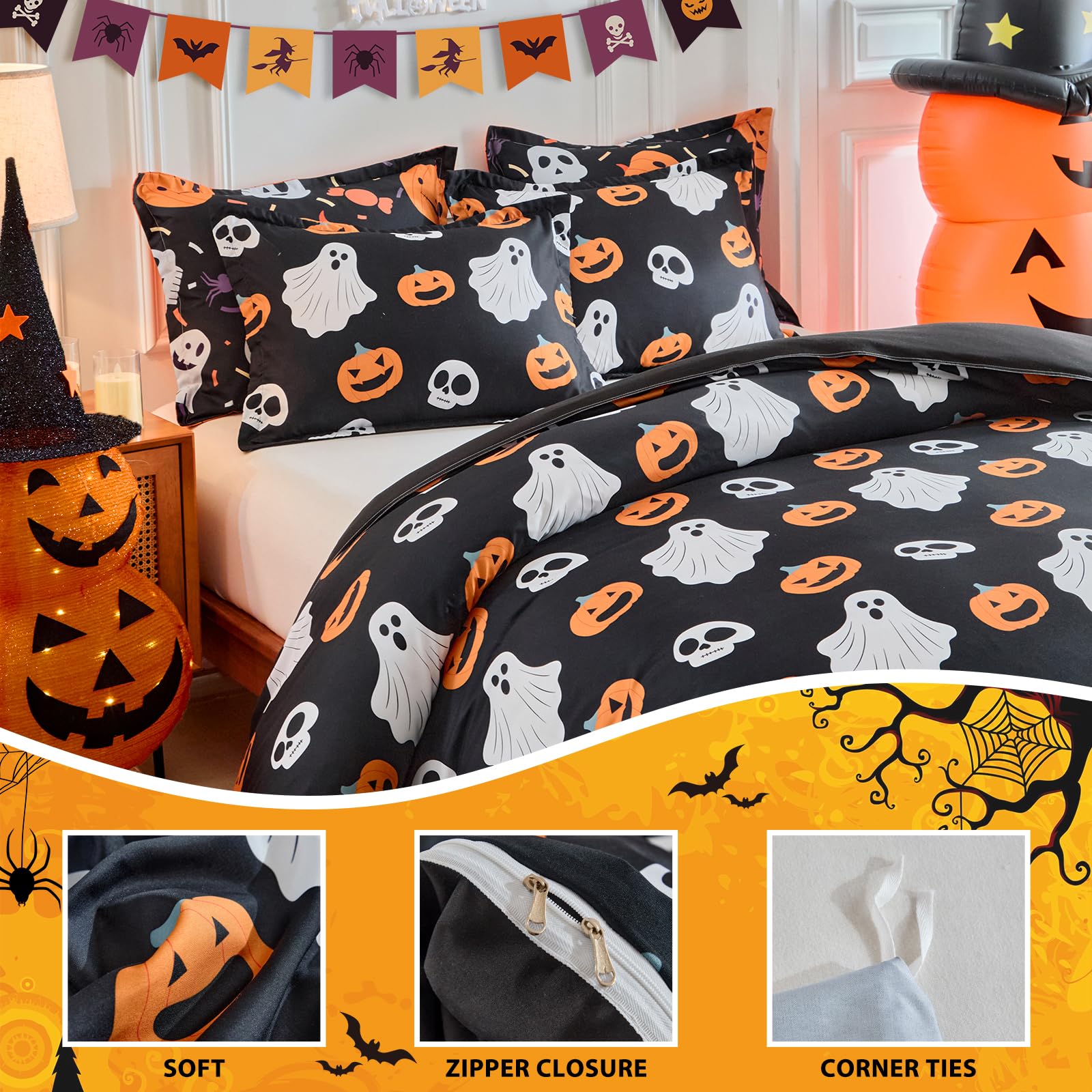 Joyreap 3pcs Halloween Duvet Cover Set, Pumpkin Ghost Black Design, Soft Microfiber Comforter Cover for All Season (Queen, 88x88 inches)