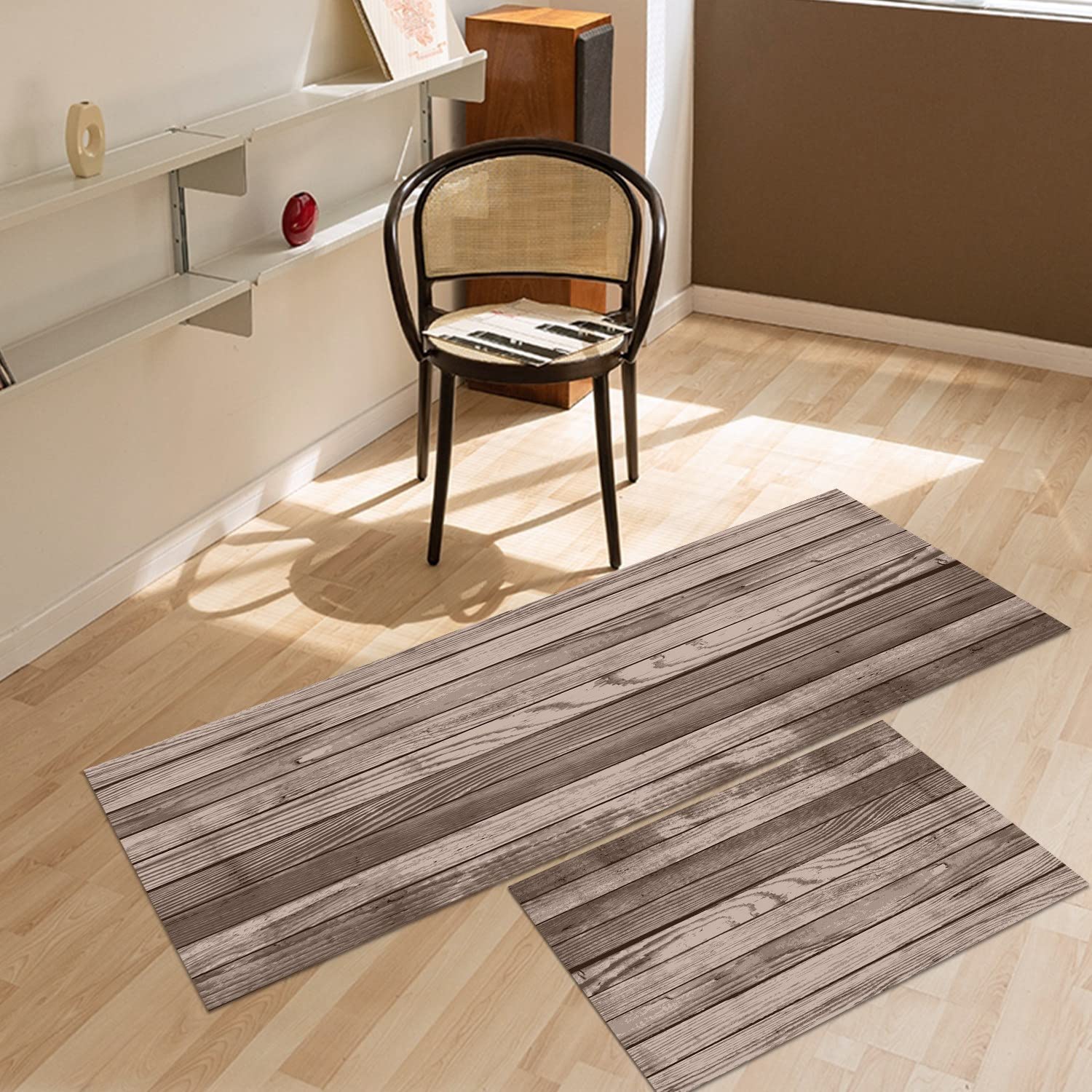 GUBIYU Set of 2 Kitchen Rugs and Mats Country Wooden Kitchen Rugs Washable Rustic Floor Planks Brown Wood Textures Bathroom Rugs Runner Farmhouse Style Walnut Oak Grain Decorative Kitchen Floor Decor