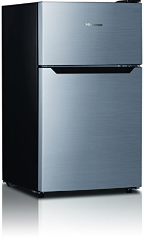 Hisense RT33D6BAE Compact Refrigerator with Double Door Top Mounted Freezer, 3.3 cu. ft, Stainless Silver
