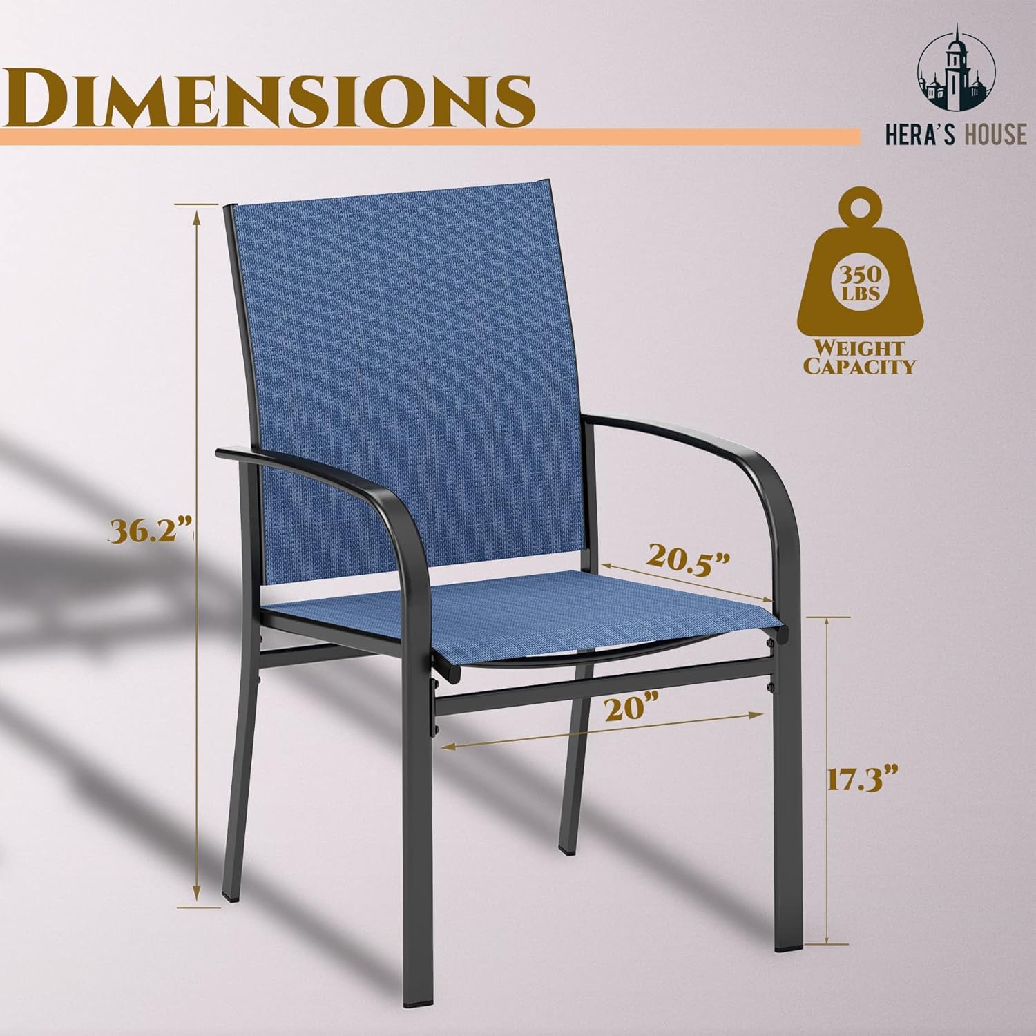 HERA'S HOUSE Outdoor Dining Chairs Set of 6, 36" Textilene Fabric Patio Chairs with Wrought Iron Metal Frame Support 350lbs for Lawn Backyard Garden Kitchen, Blue