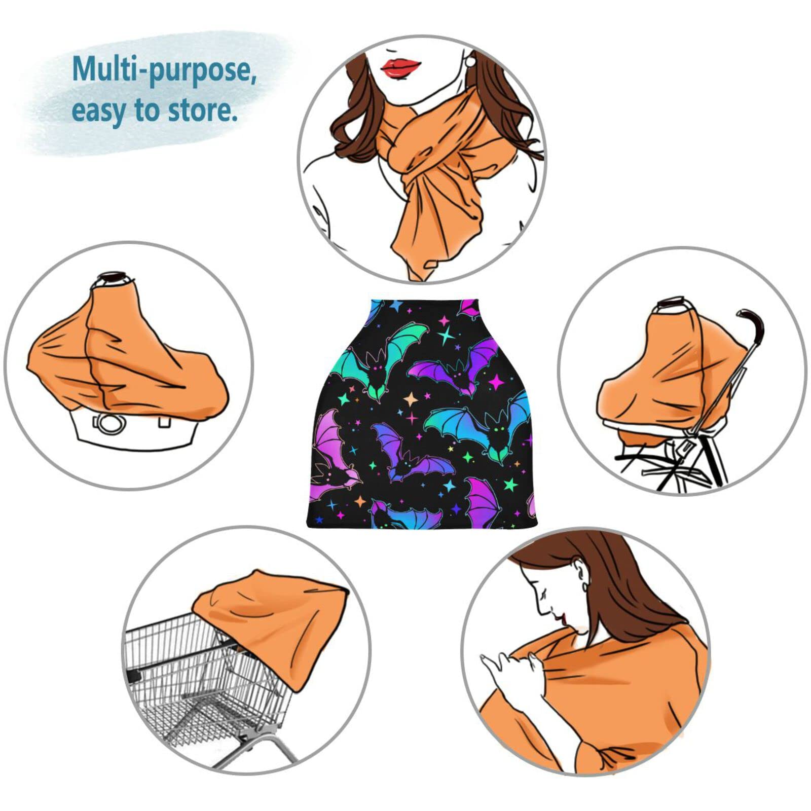 Kigai Colorful Bat Baby Car Seat Covers Multi-Use Breastfeeding Nursing Seat Canopy Stretchy Breathable Infant Stroller Covers for Boys and Girls
