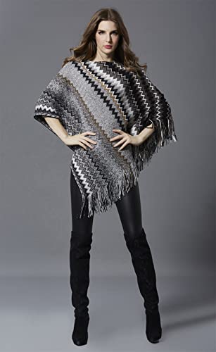 StylesILove Women Autumn Winter Knitted Zig-Zag Pullover Fringe Poncho Sweater Soft Wrap Cape Lightweight Shawl (Black)