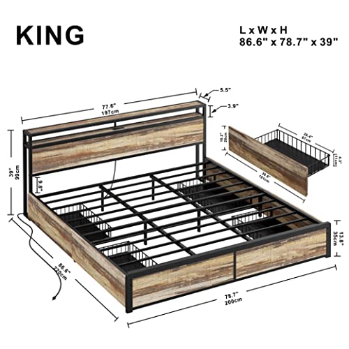 LIKIMIO King Bed Frame with Storage Drawer, 2-Tier Storage Headboard with Charging Station, No Box Spring Needed, Easy Assembly, Rustic Brown