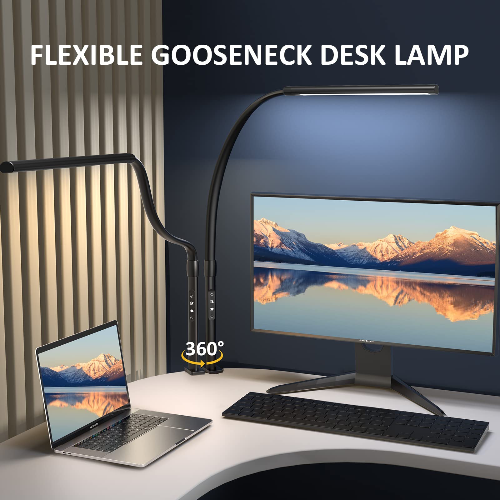 Desk Lamp for Home Office, Flexible Gooseneck Desk Lamps with Clamp, Desk Lamp with USB C and A Ports, 5 Modes 5 Brightness Architect Clip Light for Workbench Office Reading Study