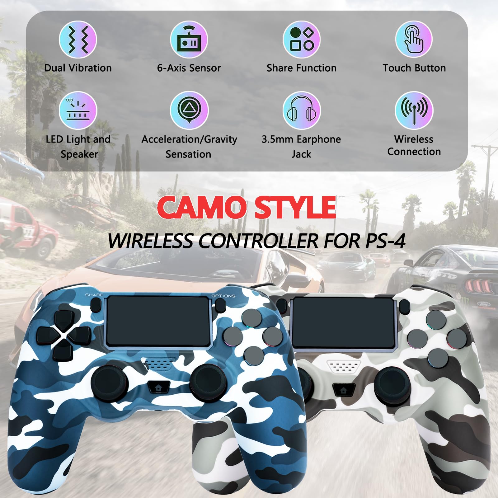 Dliaonew Wireless Controller for PS4, 2 Pack Remote Control Compatible with Playstation 4/Slim/Pro with Dual Vibration/Audio/Six-axis Motion Sensor/Game Joystick - Camo Blue + Camo Grey