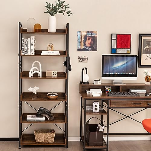 Tangkula 6-Tier Bookshelf, 70β Tall Industrial Bookcase w/Open Shelves & 4 Hooks, Storage Rack w/Metal Frame, Vintage Standing Display Rack for Study Living Room Kitchen (Rustic Brown, 6-Tier)