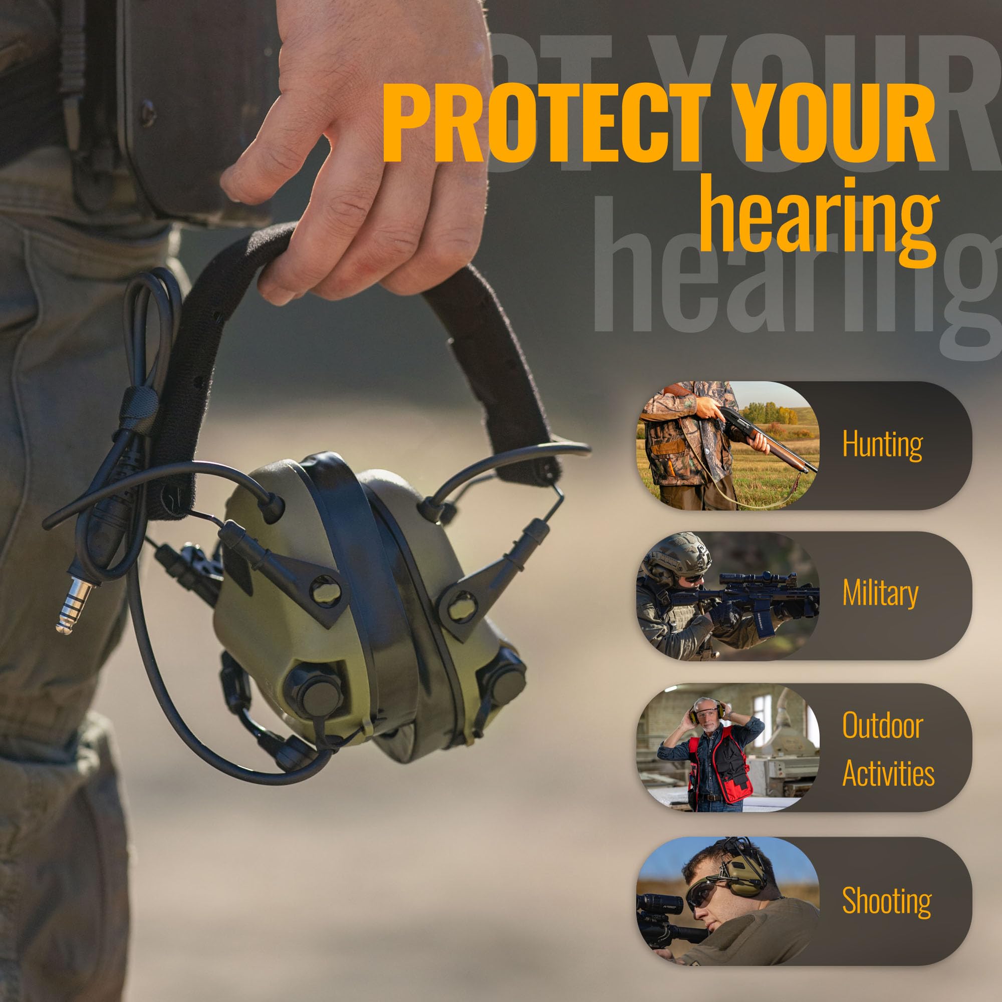 EARMOR M32 Tactical Headset Hunting & Shooting Earmuffs with Microphone, Sound Amplification, Nato TP120 Jacket, Green