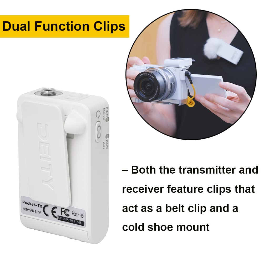 Deity Pocket Wireless Microphones 2.4Ghz Pocket Wireless System Lavalier Microphone with OLED Display for Vlog Video Interview YouTube Facebook Live DSLR Camera Smartphone Tablet (White)