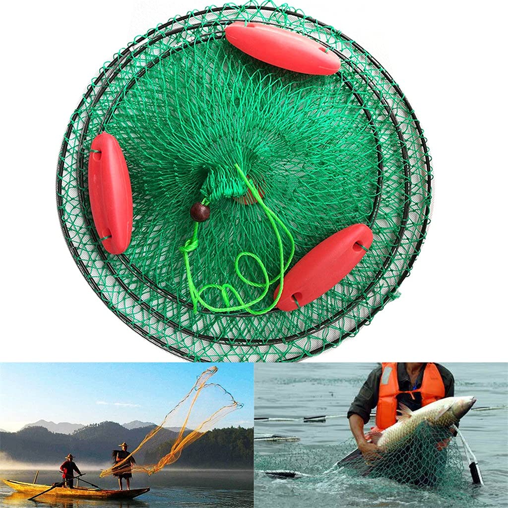 DLOETT Fishing Tackle Folded Portable Trap Cage Boat Fishing Three Floating Ball Cast Mesh Fish Net Catching