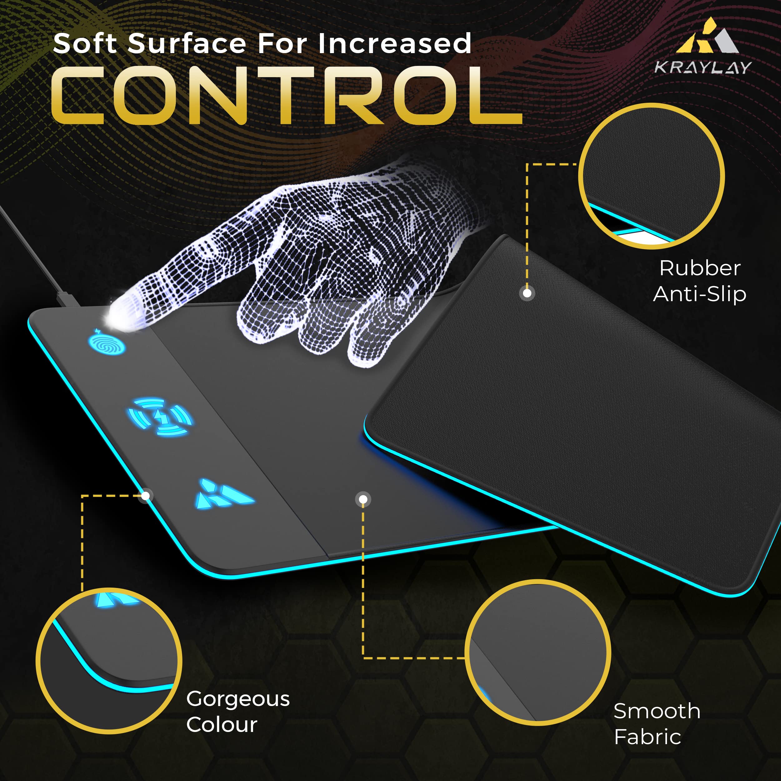 Kraylay XXL RGB Gaming Mouse Pad with Wireless Charger, 11 Colors LED Mouse Mat with 10W Fast Charging, Non Slip Extended Big Mousepad, Black Gaming Mouse pad for Laptop, PC, Office, and Gaming