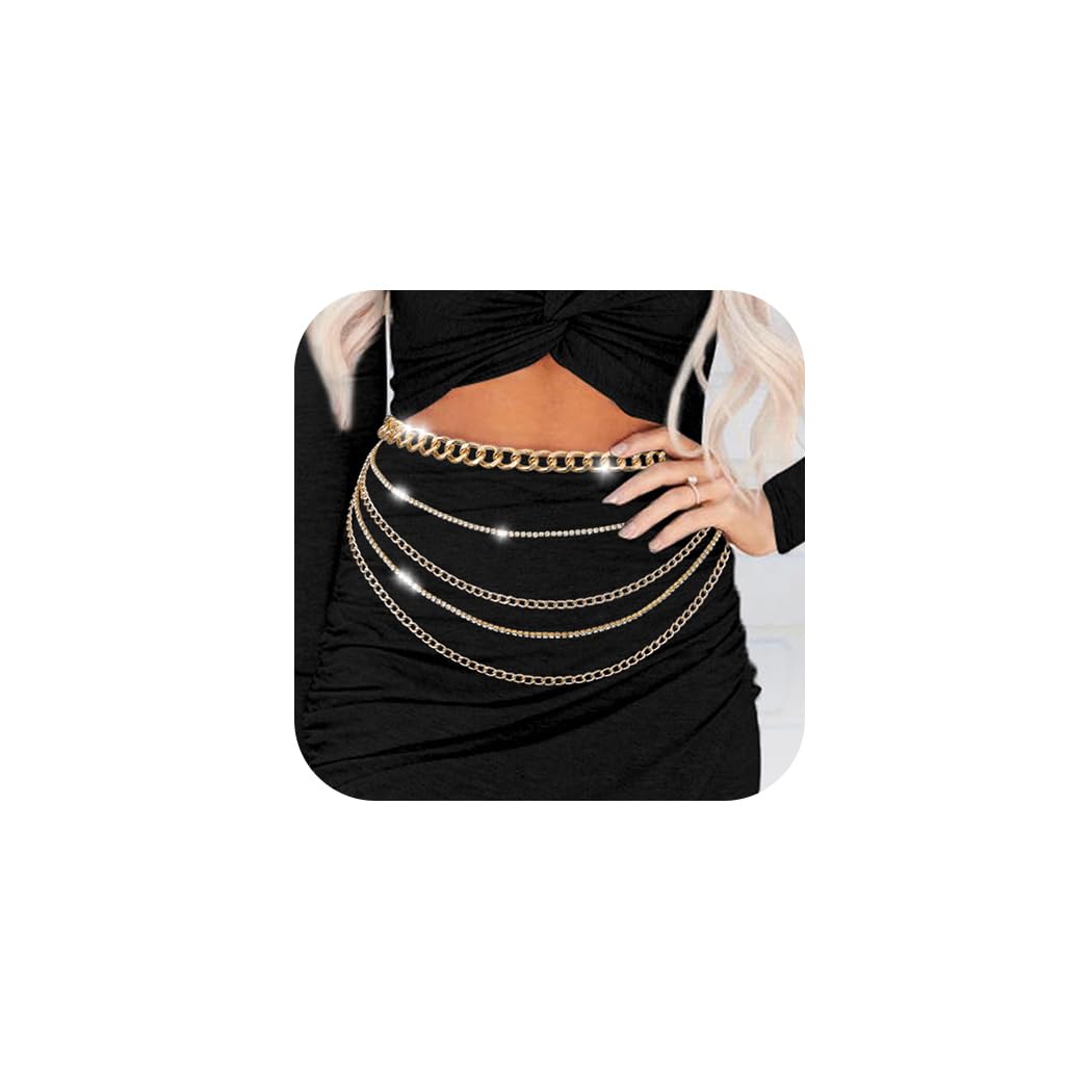 Dresbe Rhinestone Waist Belt Chain Gold Layered Body Chain Chunky Party Body Jewelry Accessories for Women
