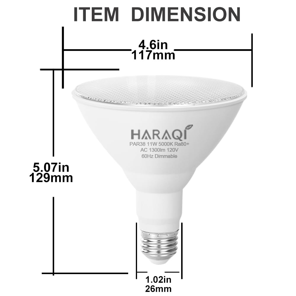 haraqi 2 Pack 120V E26 Base PAR38 11W LED Flood Dimmable Light Bulb, 1300LM 5000K Daylight White Light, 100W Equivalent Reflector Flood Replacement Light Bulbs