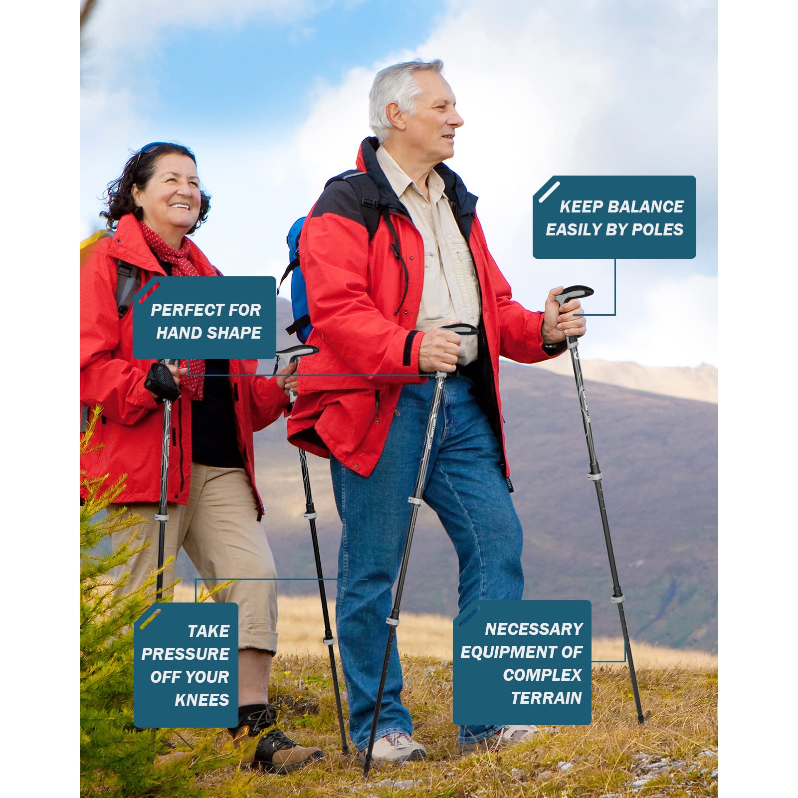 G2 Hiker Trekking Hiking Poles Telescopic/Aluminum Alloy/Comfort TPE Handle/Auto-Adjustable Strap/Quick Flip Lock/Snow Baskets Attached (Pack of 2 Poles),Black/Blue/Red
