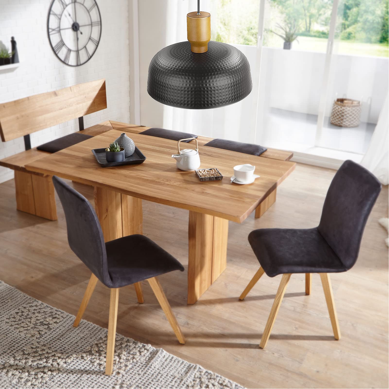 Darkaway Industrial Pendant Light Fixtures Ceiling Hanging with Hammered Metal Shade, Black Pendant Light for Kitchen Island Lighting Hanging Lamp Adjustable Height, Medium 2 Pack