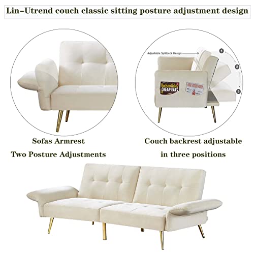 Lin-Utrend 67" Comfortable Velvet Couch,Convertible Sofa Bed, Living Room Sofas with Adjustable backrest and armrest, for Living Room, Apartment, Bedroom, Office, Shop(Beige)