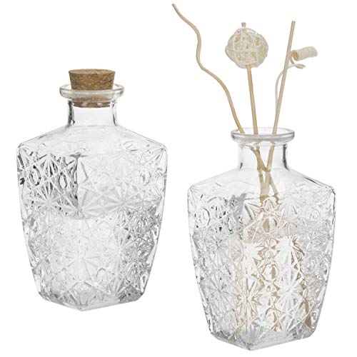 MyGift Diamond-Faceted Apothecary Glass Bottle - Mini Decorative Reed Diffuser Bottles with Cork Lid, Set of 2
