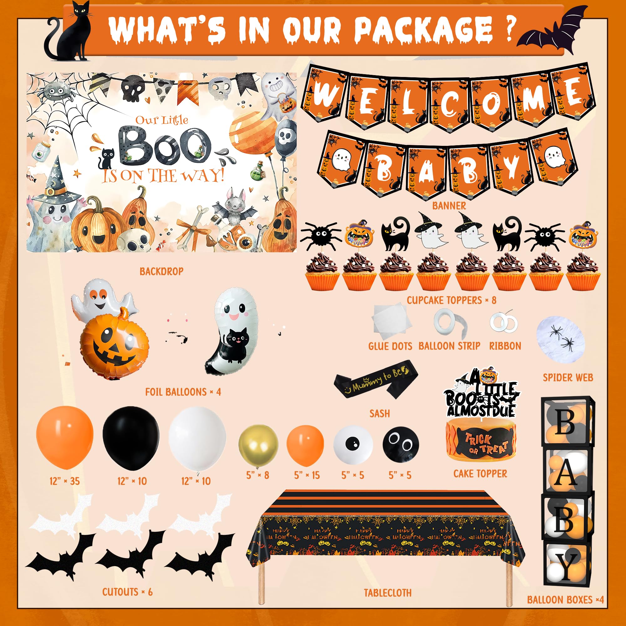 Our Little Boo is on the Way Baby Shower Decorations,Halloween Baby Shower Decorations for Boy Kit Backdrop Backdrop Banner Cake Cupcake Topper Tablecloth Spider Web for Baby Boy Shower Halloween