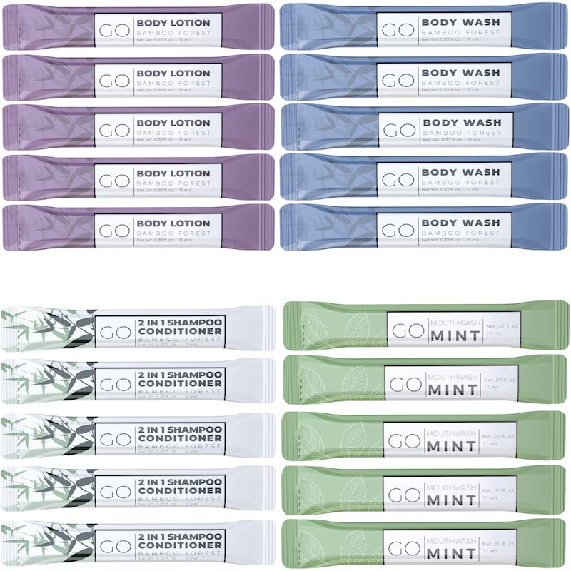 Go Essentials Travel 2 in 1 Shampoo/Conditioner 20 Unit Box Variety Pack (5 of each - shampoo/conditioner, lotion, mouthwash and body wash)