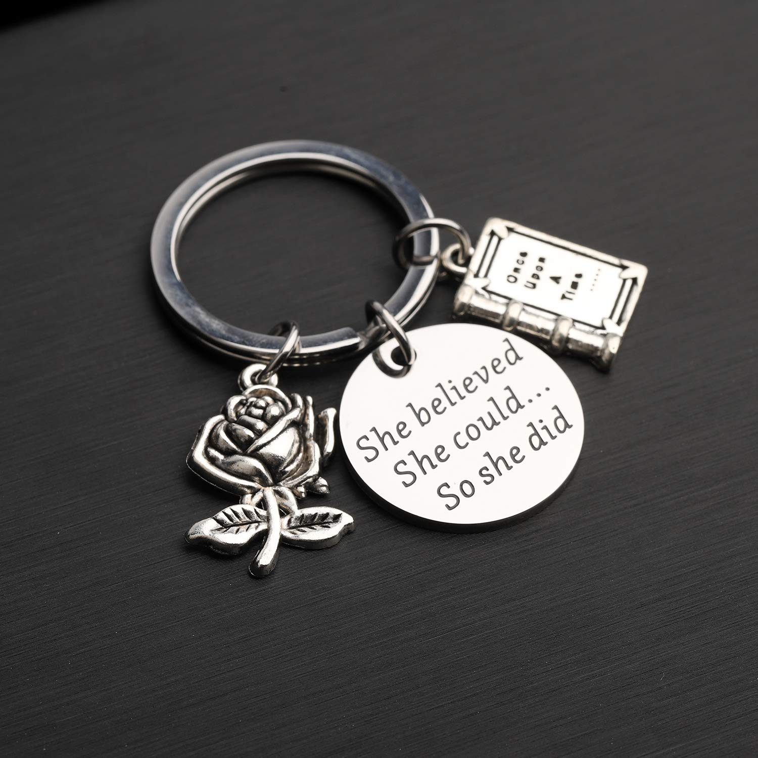 ENSIANTH Inspirational Gift The Beast Jewelry A Tale As Old As Time Keychain Princess Keychain Wedding Gift for Her (She Believed Flower Key)