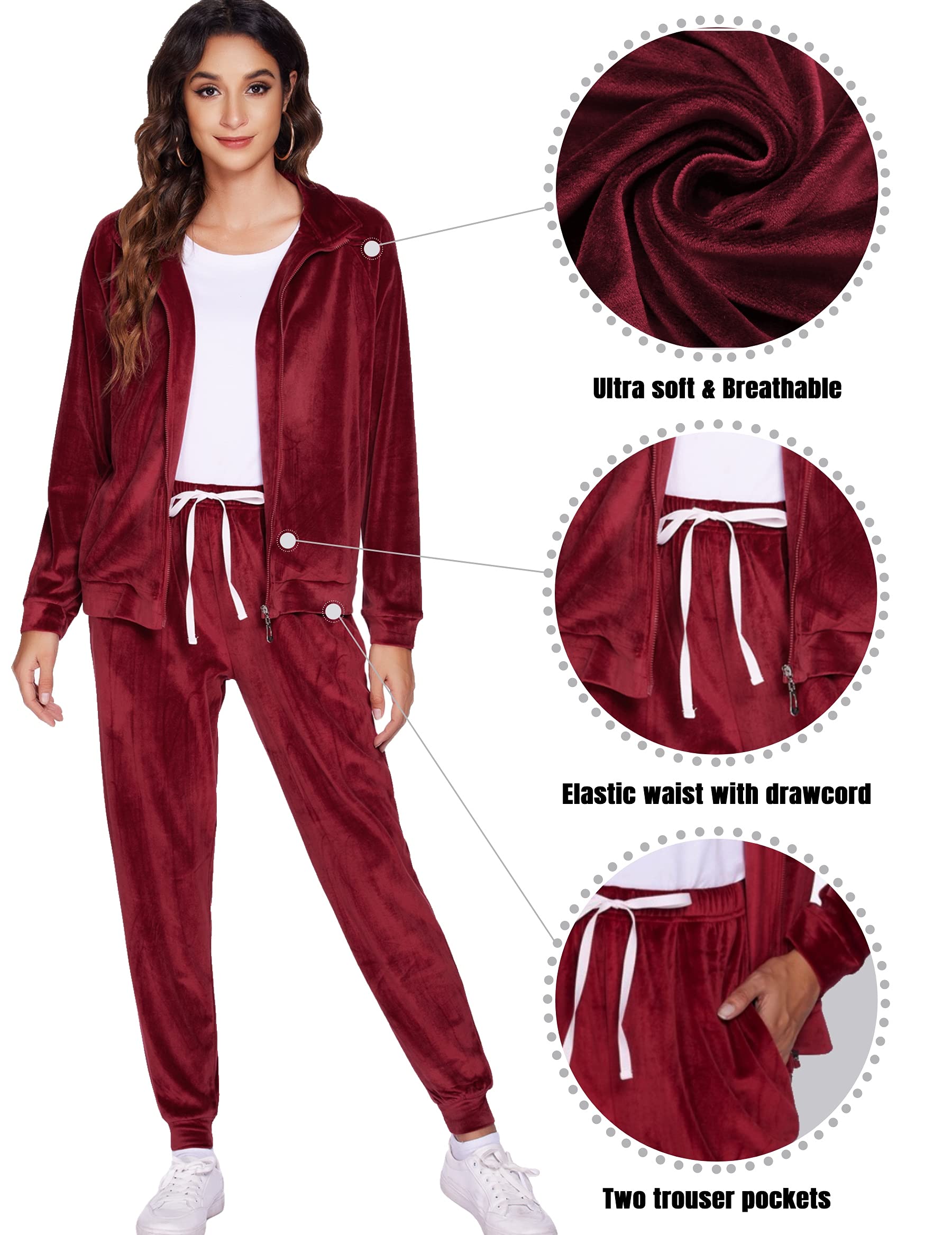 Ekouaer Womens Casual 2 Piece Solid Velvet Tracksuit Full Zip-up Velour Sweatshirts & Pants Set No Hood Wine Red M
