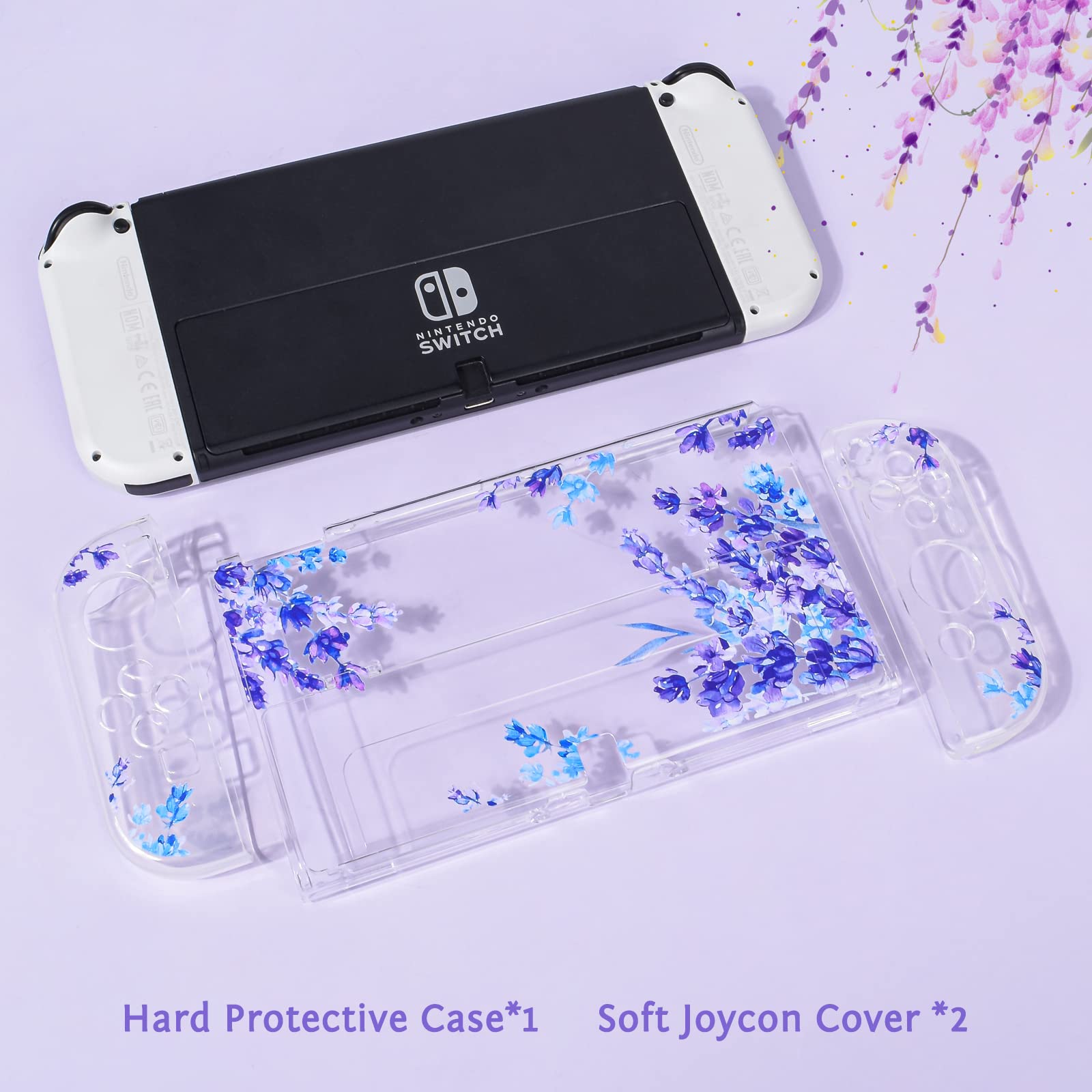 DLseego Peach Blossom Pink Flower Floral Clear Switch OLED Protective Case 2022 Version Anti-Scratch Dockable Console Transparent TPU Shell Soft Shock-Absorption Joy Con Cover for Switch OLED Model