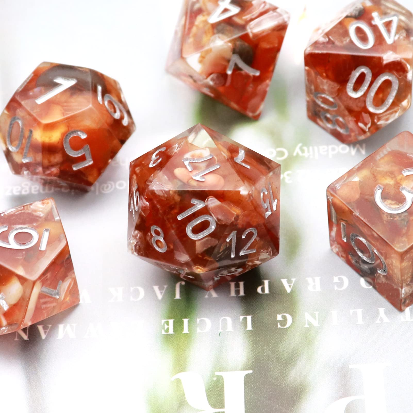 Haxtec Sharp Edge DND Dice Set Gemstone Filled Resin Dice W/Dice Case for RPG Role Playing Games Dungeons and Dragons Gift-Red Agate
