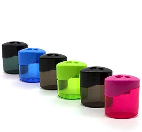 Emraw Dual Blades Sharpener Square Receptacle to Catch Shavings for Regular & Over Size Pencils & Crayons Designed in Blue, Green, Pink and Black Plastic - Great for School, Home & Office (6 Pack)