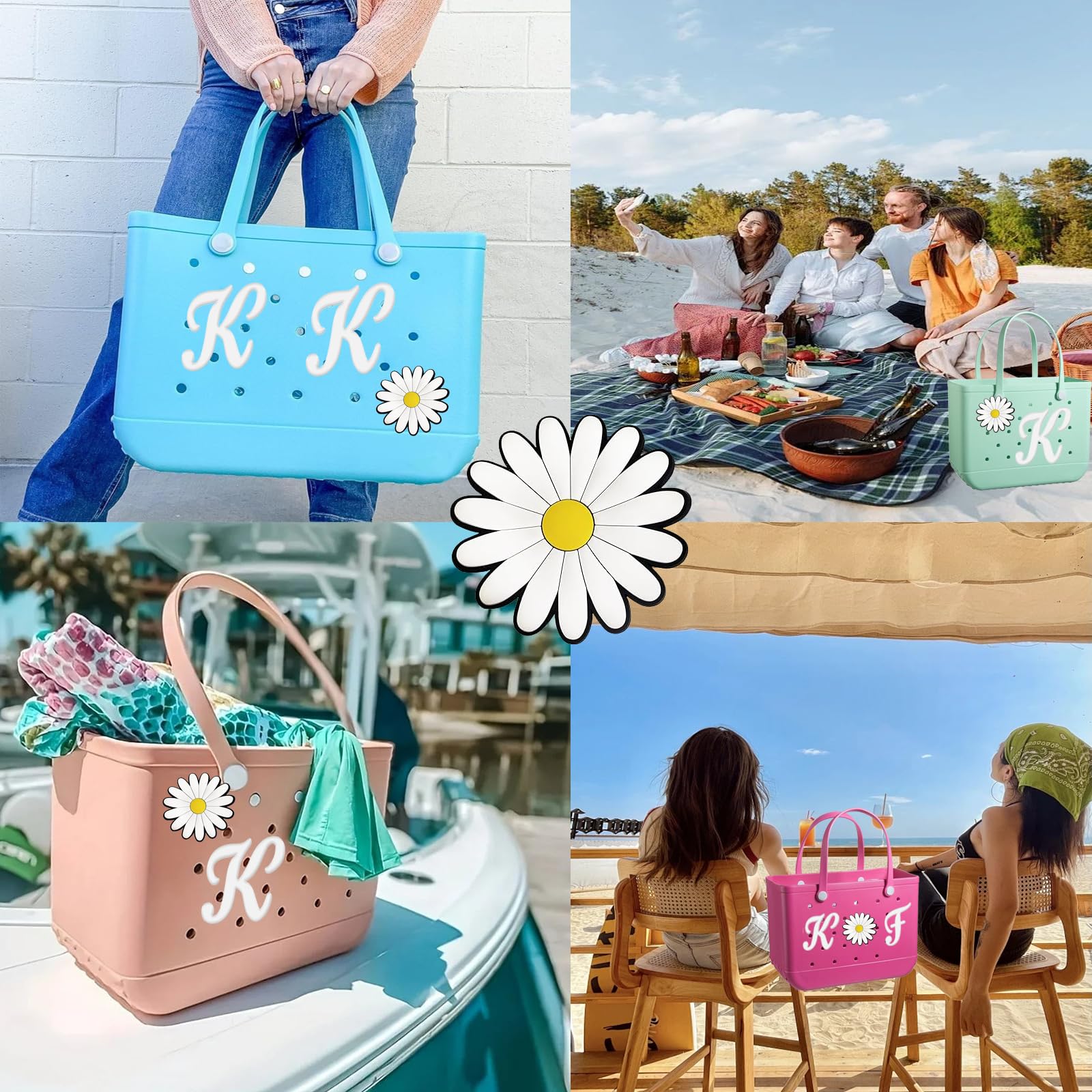 Hroatpk 2pcs Charms for Bogg Bag, Letter Charms Decorative Alphabet Lettering Accessories Insert Charms Compatible with Bogg Bag, Beach Bag, Rubber Tote Bag (Letter K+Flower)