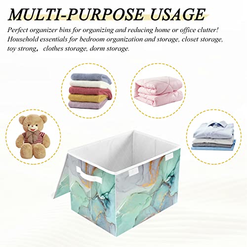 Kigai Abstract Marble Print Aqua Storage Basket with Lid Collapsible Storage Bin Fabric Box Closet Organizer for Home Bedroom Office 1 Pack