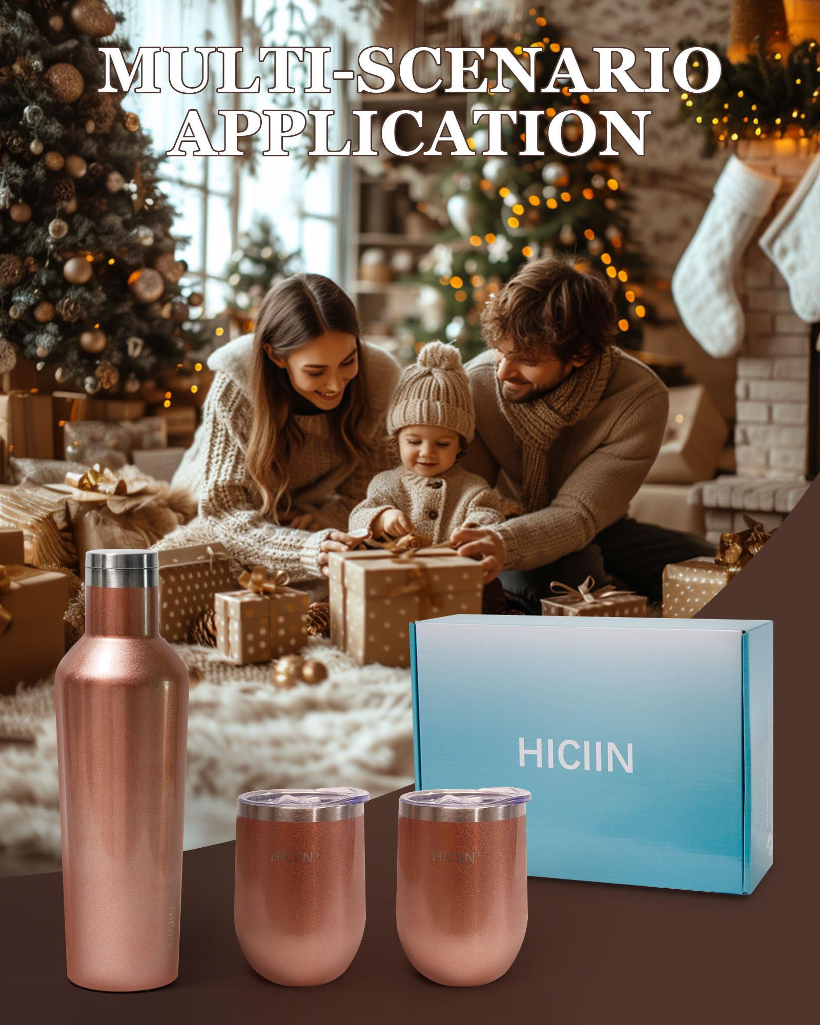 Hiciin Stainless Steel Wine Tumblers with Lid TWO 12oz & Insulated Wine bottle ONE 25oz&Gift Set with well packaged box.Keep water,wine,drinks with warm or cold (Champagne Gold)