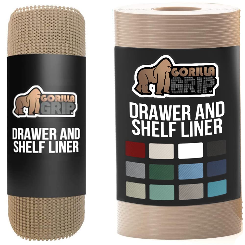 Gorilla Grip Drawer Liner and Ribbed Drawer Liner, Shelf Liner Size 12x20, Bathroom Storage Shelves, Ribbed Liner Size 17.5x20, Desk Storage, Both in Beige, 2 Item Bundle