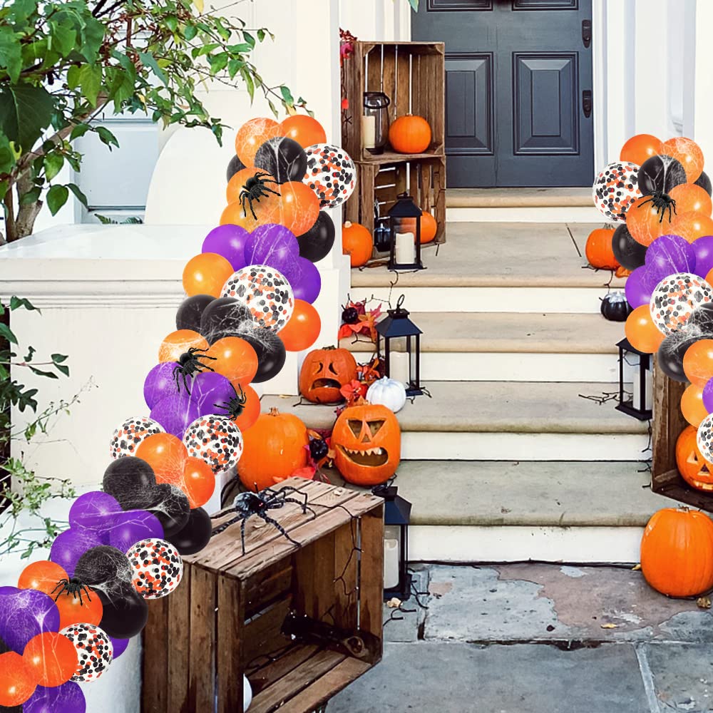Halloween Decorations Balloon, 124 Pcs Balloons Arch Garland Kit With Spider Webs, Indoor Outdoor Halloween Decor for Birthday Party