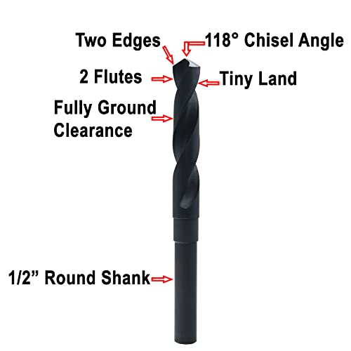 MAXTOOL 45/64" Silver and Deming Drill Bits HSS M2 S & D Drill Bits Prentice Twist Drills Black Oxide 1/2" Reduced Shank 6" OAL; SD02B00R045