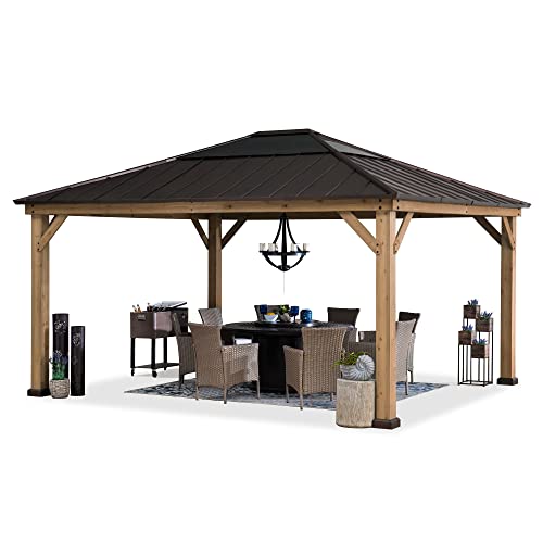Sunjoy Hardtop Gazebo 13 x 15 ft. Standard Cedar Framed Wood Gazebo with Brown Steel and Polycarbonate Hip Roof Hardtop for Garden, Backyard Shade, Brown Roof + Natural Wood Frame