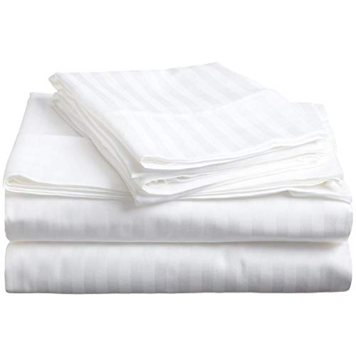 Myrtle Collection Damask Stripe Premium Quality 550-TC Egyptian Cotton 4-PCs Sheet Set Fits 10-12 Inch Deep Pockets (1 Fitted, 1 Flat, 2 Pillowcase) Best-Bedding Set(Full Size, White)