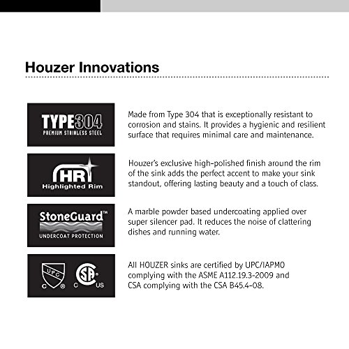 Houzer STS-1400-1 Eston Series Undermount Stainless Steel Single D Bowl Kitchen Sink, 18 Gauge