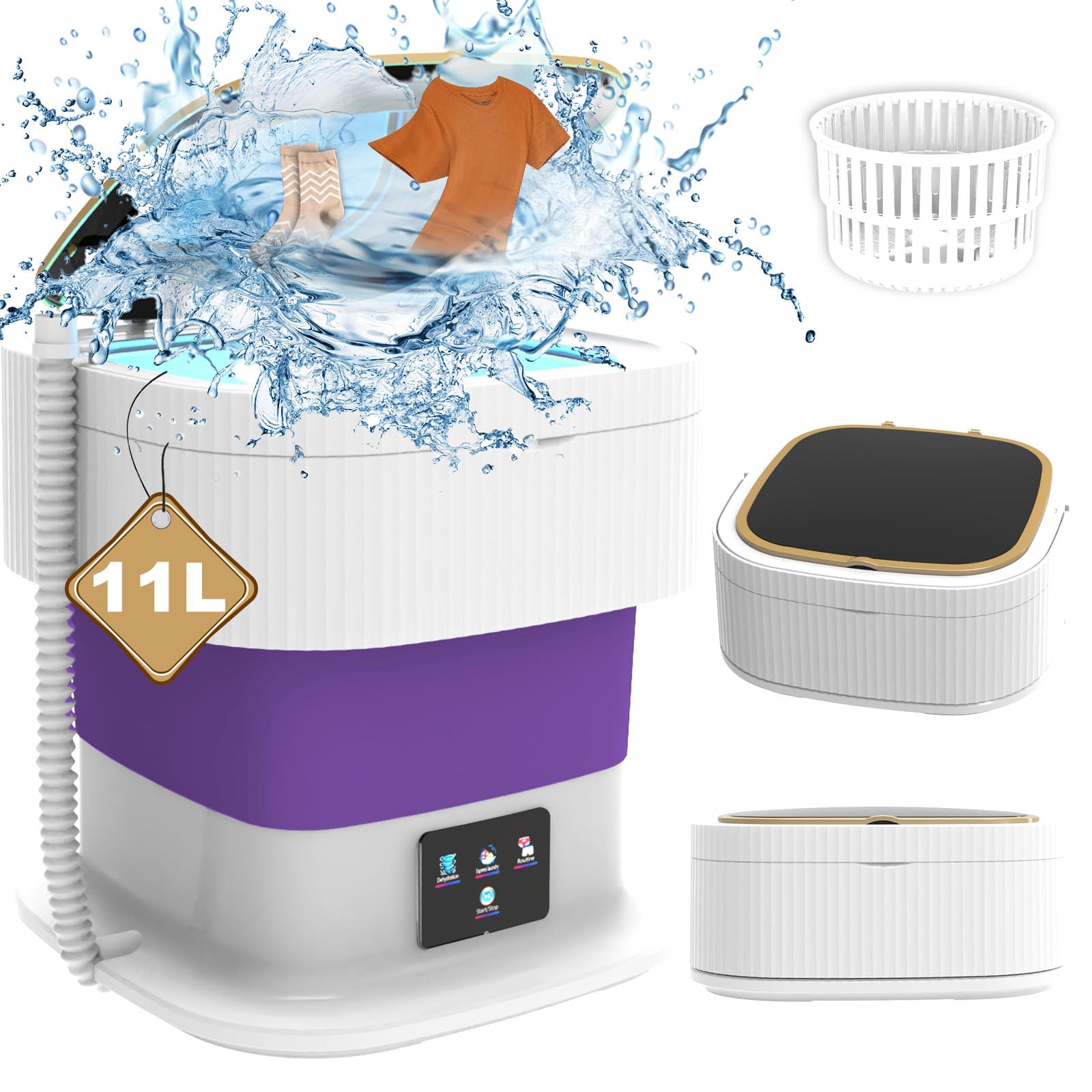 Mini Washing Machine, 11L Large Capacity Portable Washing Machine, Collapsible Foldable Washer and Dryer with Spin for Travel, Socks, Baby Clothes
