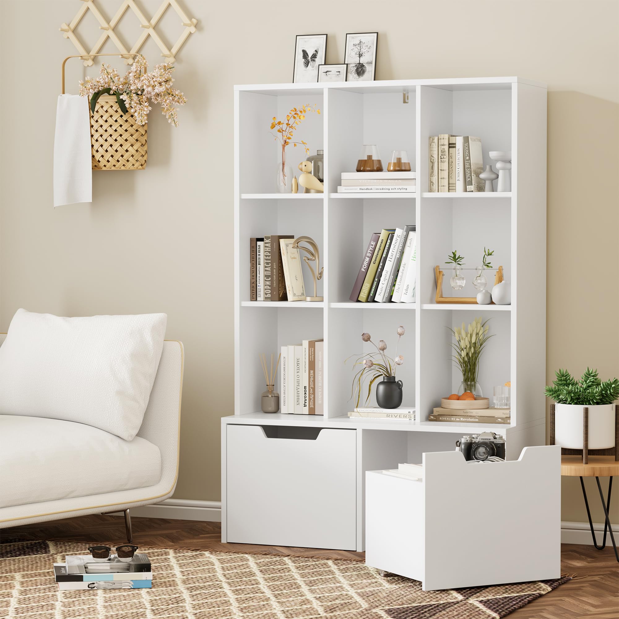 HIFIT 2 Pack Bookcase with 2 Large Drawers and 9 Cube Shelves, 55β Tall Bookshelf Storage Organizer, Wood Storage Cabinet Freestanding for Living Room, Home Office, Kitchen Dining Room, Library, White